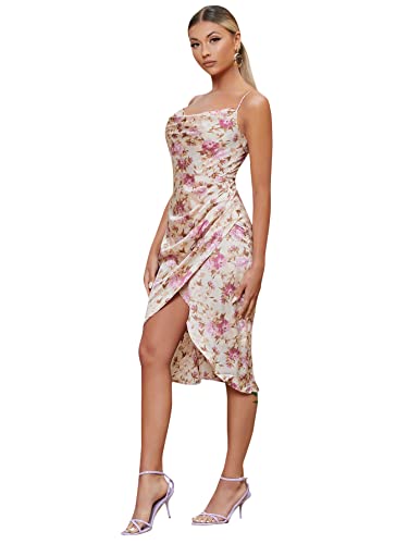 Floerns Women's Floral Print Cowl Neck Ruched Sleeveless Satin Slit Party Dress Beige/Pink S