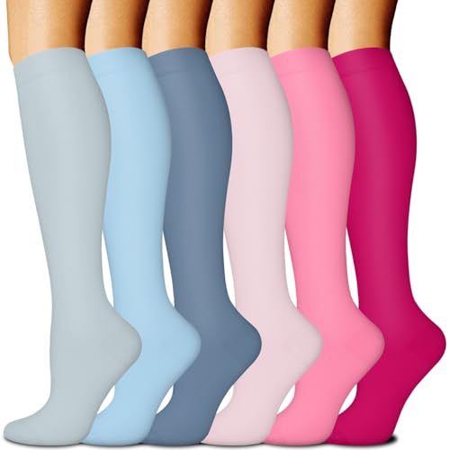 6 Pairs Compression Socks for Women & Men 15-20mmHg Graduated Support Knee High Socks for Nurses, Travel, Athletic