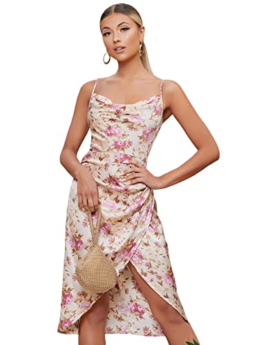 Floerns Women's Floral Print Cowl Neck Ruched Sleeveless Satin Slit Party Dress Beige/Pink S
