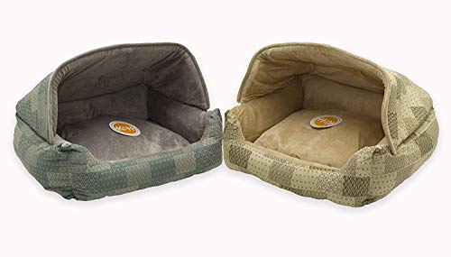 K&H Pet Products Hooded Lounge Sleeper Pet Bed Tan Patchwork Print 20 X 25 Inches