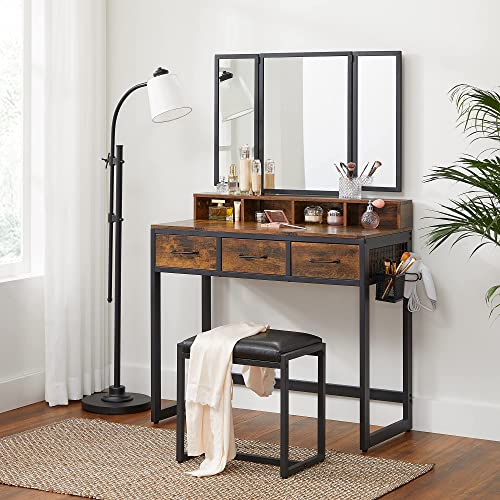 VASAGLE Vanity Table with Upholstered Stool Set, Dressing Table Desk, Makeup Table with Tri-Fold Mirror, 3 Drawers, Hair Dryer Stand, Industrial Style, Rustic Brown and Black URVT004B01