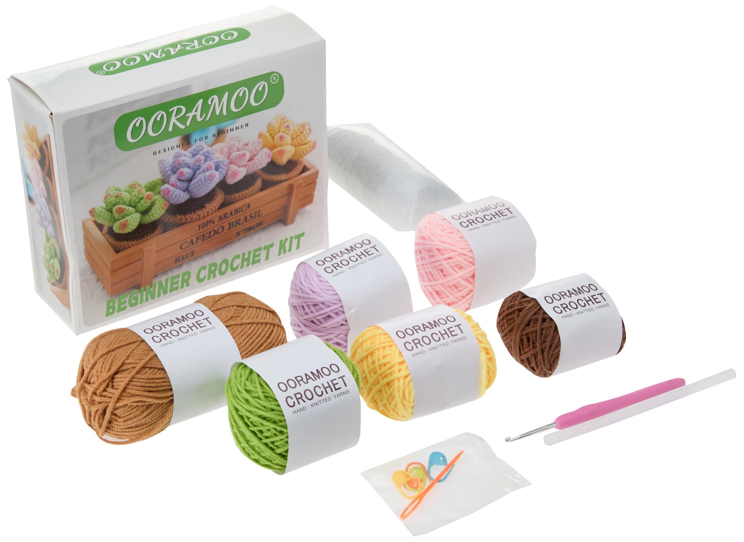 OORAMOO Crochet Kit for Beginners - 4Pcs Succulents, Beginner Crochet Starter Kit for Complete Beginners Adults, Crocheting Knitting Kit with Step-by-Step Video Tutorials