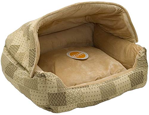 K&H Pet Products Hooded Lounge Sleeper Pet Bed Tan Patchwork Print 20 X 25 Inches