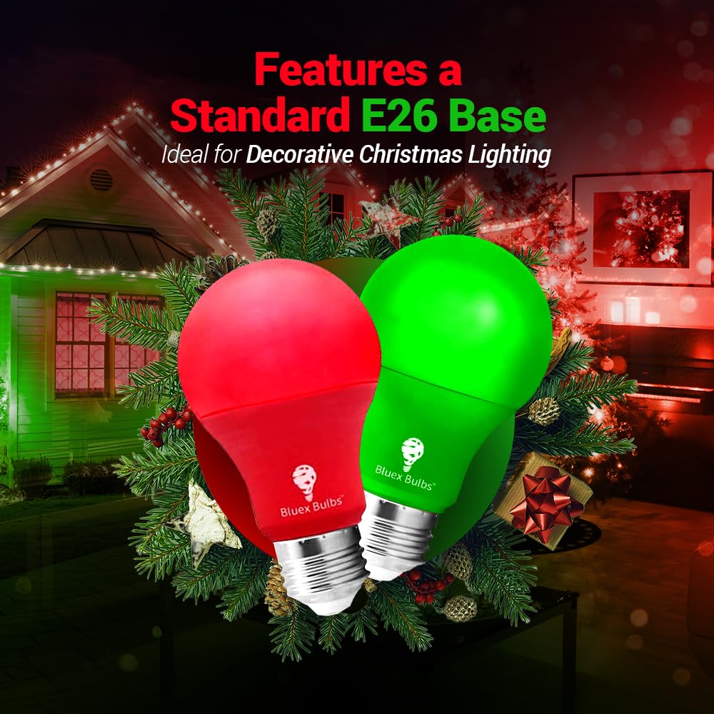 Bluex Bulbs 2 Pack Bluex LED A19 Green Light Bulb - 9W (60Watt Equivalent) - E26 Base LED Green Lights, Party Decoration, Porch, Home Lighting, Holiday Lighting, Decorative Illumination Green Bulb