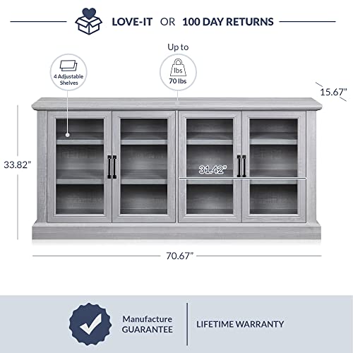 BELLEZE 70 Inch Sideboard Buffet Cabinet, Entertainment Center with Storage, Glass Display Cabinet with Adjustable Shelves Console Table Storage Cabinet for Living Room, Dining Room, Stone Gray