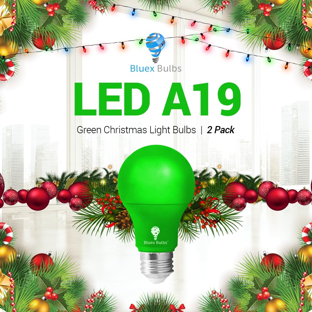 Bluex Bulbs 2 Pack Bluex LED A19 Green Light Bulb - 9W (60Watt Equivalent) - E26 Base LED Green Lights, Party Decoration, Porch, Home Lighting, Holiday Lighting, Decorative Illumination Green Bulb