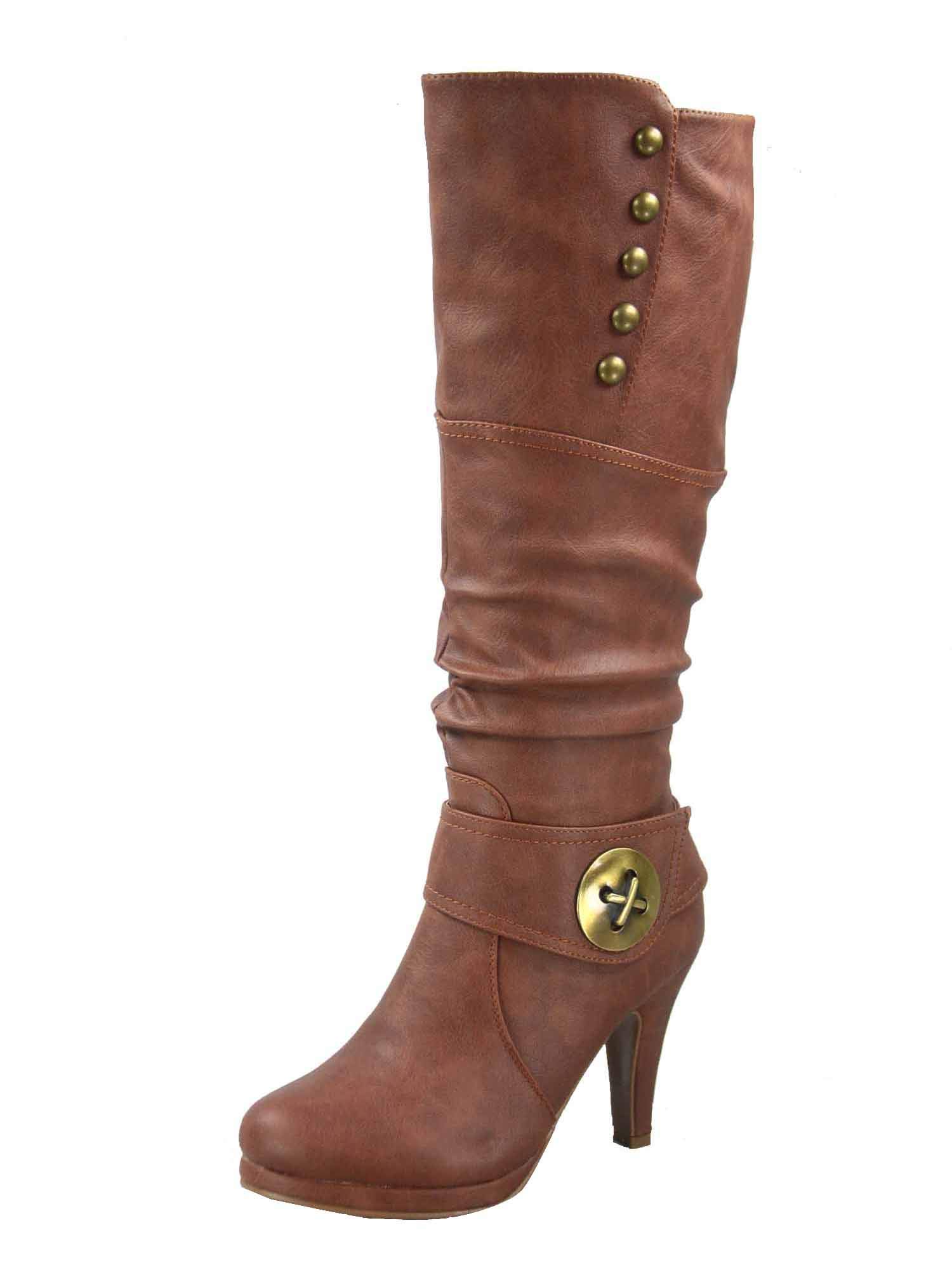 FZ-Win-45 Women's Fashion Round Toe High Heel Platform Zipper Knee High Boots (7.5 B(M) US, Tan)