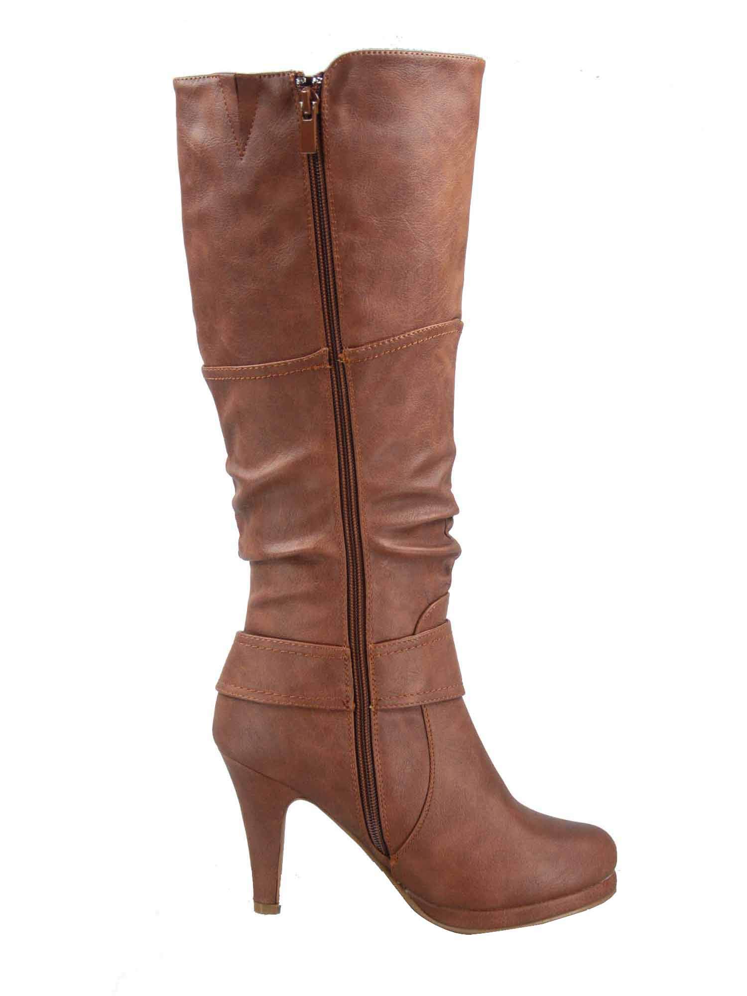 FZ-Win-45 Women's Fashion Round Toe High Heel Platform Zipper Knee High Boots (7.5 B(M) US, Tan)