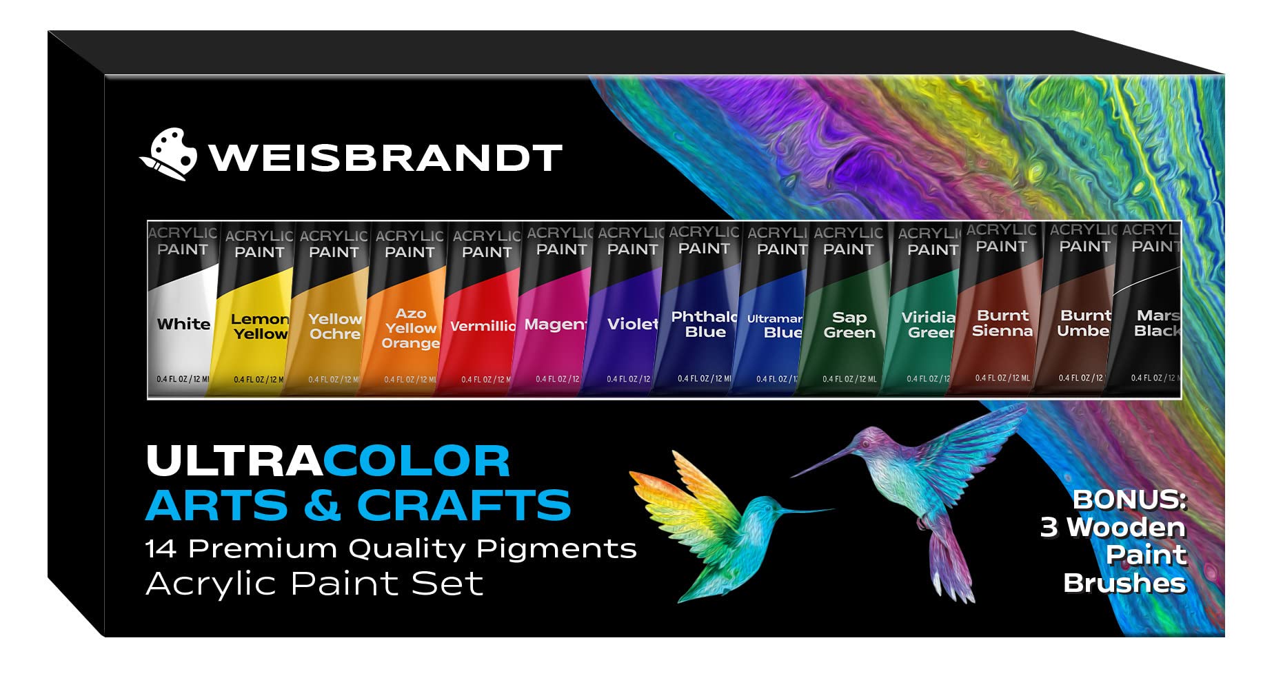WEISBRANDT Ultra Color Arts & Crafts Acrylic Paints, 14 Colors, Premium Quality Pigments, Matte Finish, 0.4oz/12 ml, Water-Based Acrylic Paint Set, for all Porous Surfaces