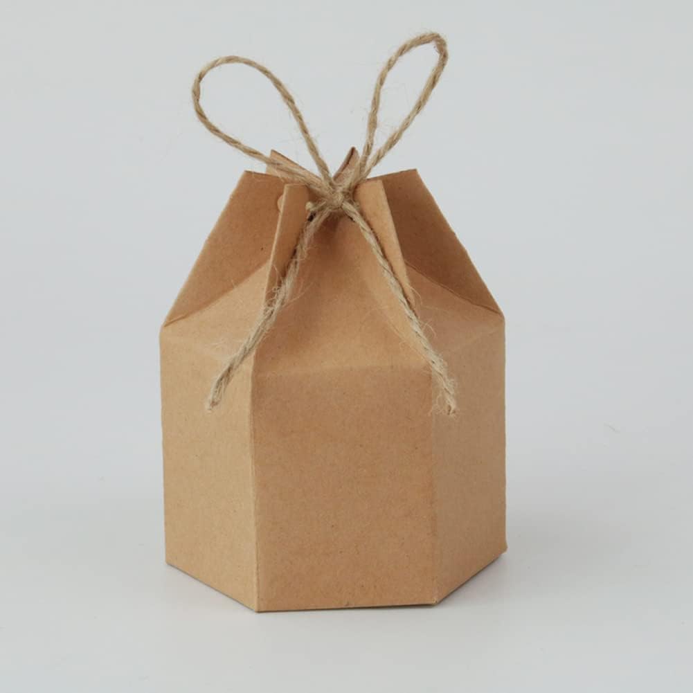 luzen 12Pcs Kraft Paper Gift Wrap Boxes Hexagon Favor Boxes Package Decorative Box Candy Boxes with Twine for Birthday Wedding Party Gift Packaging Candy Cookie Craft Chocolate Candle and Other Small Item, Brown