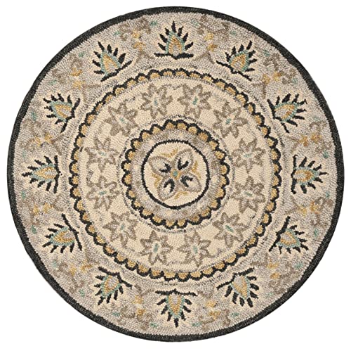 Safavieh Novelty Collection 3' Round Ivory/Grey NOV606F Handmade Boho Floral Premium Wool Entryway Foyer Living Room Bedroom Kitchen Area Rug