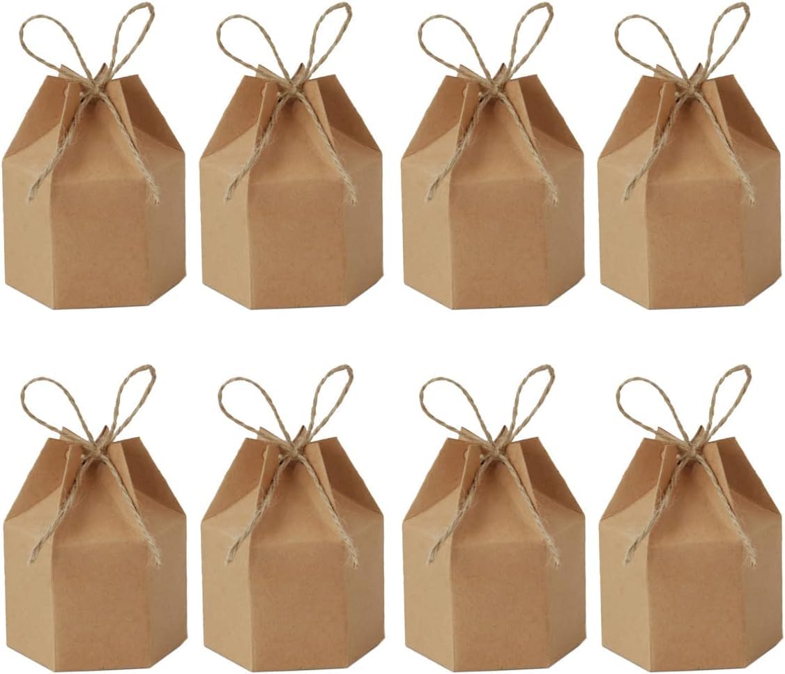 luzen 12Pcs Kraft Paper Gift Wrap Boxes Hexagon Favor Boxes Package Decorative Box Candy Boxes with Twine for Birthday Wedding Party Gift Packaging Candy Cookie Craft Chocolate Candle and Other Small Item, Brown