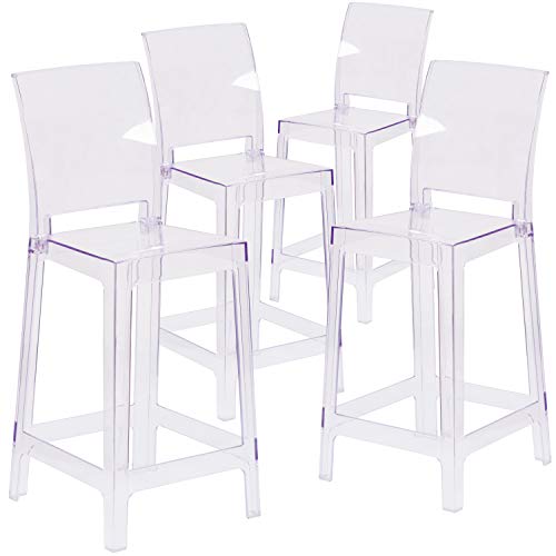Flash Furniture 4 Pack Ghost Counter Stool with Square Back in Transparent Crystal