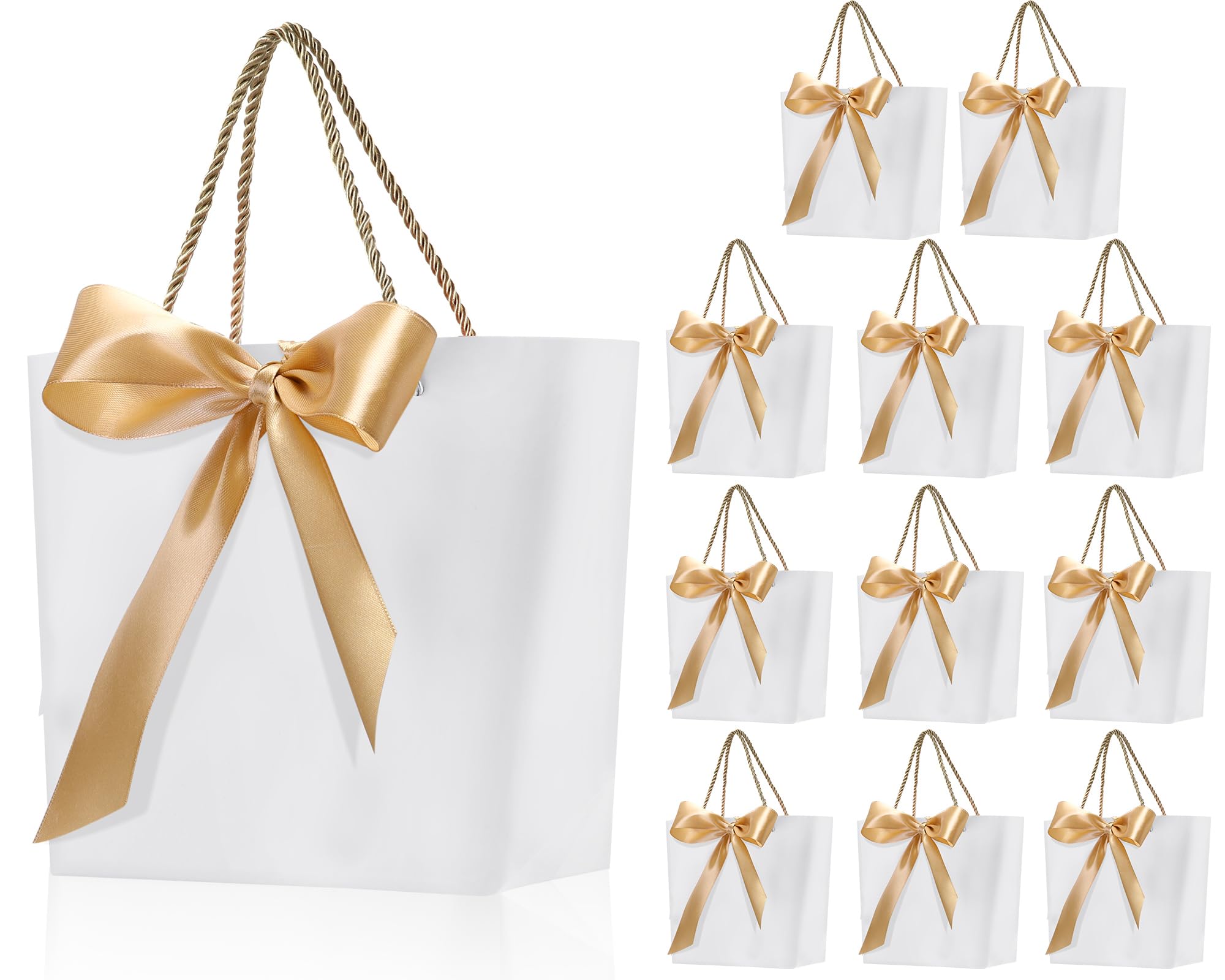 Outus 12 Pcs Bridal Paper Gift Bags Thank You Favor Bags with Handle Ribbon Bow Tags Wedding Shower Bag for Guest Bridesmaid Anniversary Party Holiday Birthday Gift Wrapping(White)