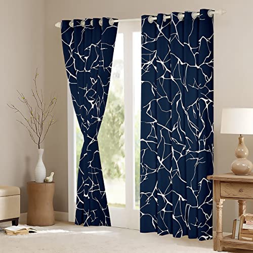 Erosebridal Silver Metallic Marble Blackout Curtains 104"X84" Navy Blue Silver Glitter Curtains,Abstract Marble Texture Design Curtains & Drapes Marble Home Decor