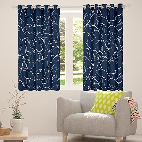 Erosebridal Silver Metallic Marble Blackout Curtains 104"X84" Navy Blue Silver Glitter Curtains,Abstract Marble Texture Design Curtains & Drapes Marble Home Decor