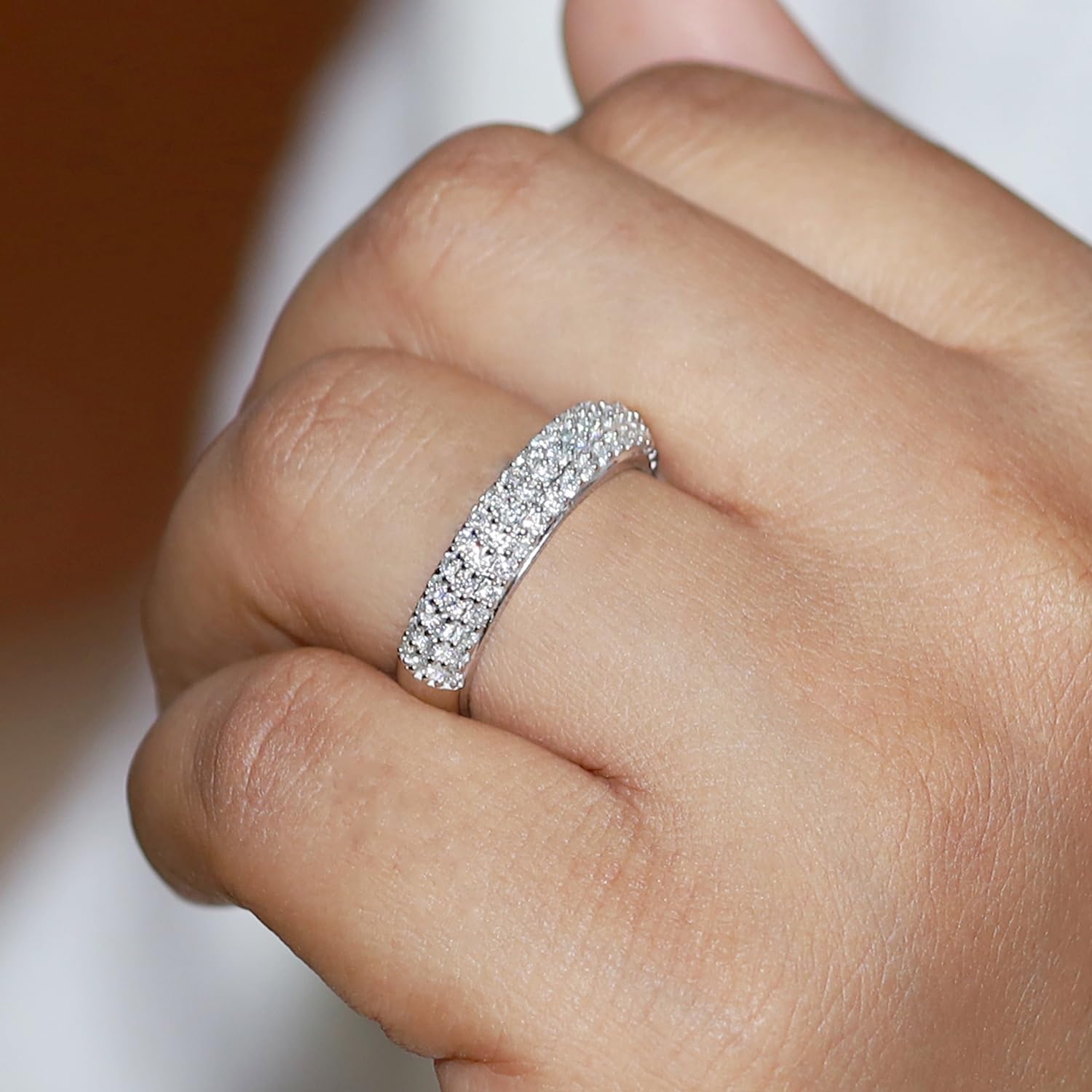 SAVEARTH DIAMONDS 1.00 Carat Round Lab Created Moissanite Diamond 3 Row Eternity Wedding Band Ring In 14K White Gold Over Sterling Silver (1.00 Cttw) Size-8