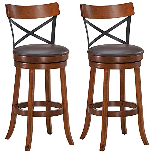COSTWAY Bar Stool Set of 2, 360-Degree Swivel Solid Wood Stools with Soft Cushion & Backrest, 29.5âHeight Kitchen Counter Bar Stools for Kitchen Island, Pub, and Restaurant (2, 29in)