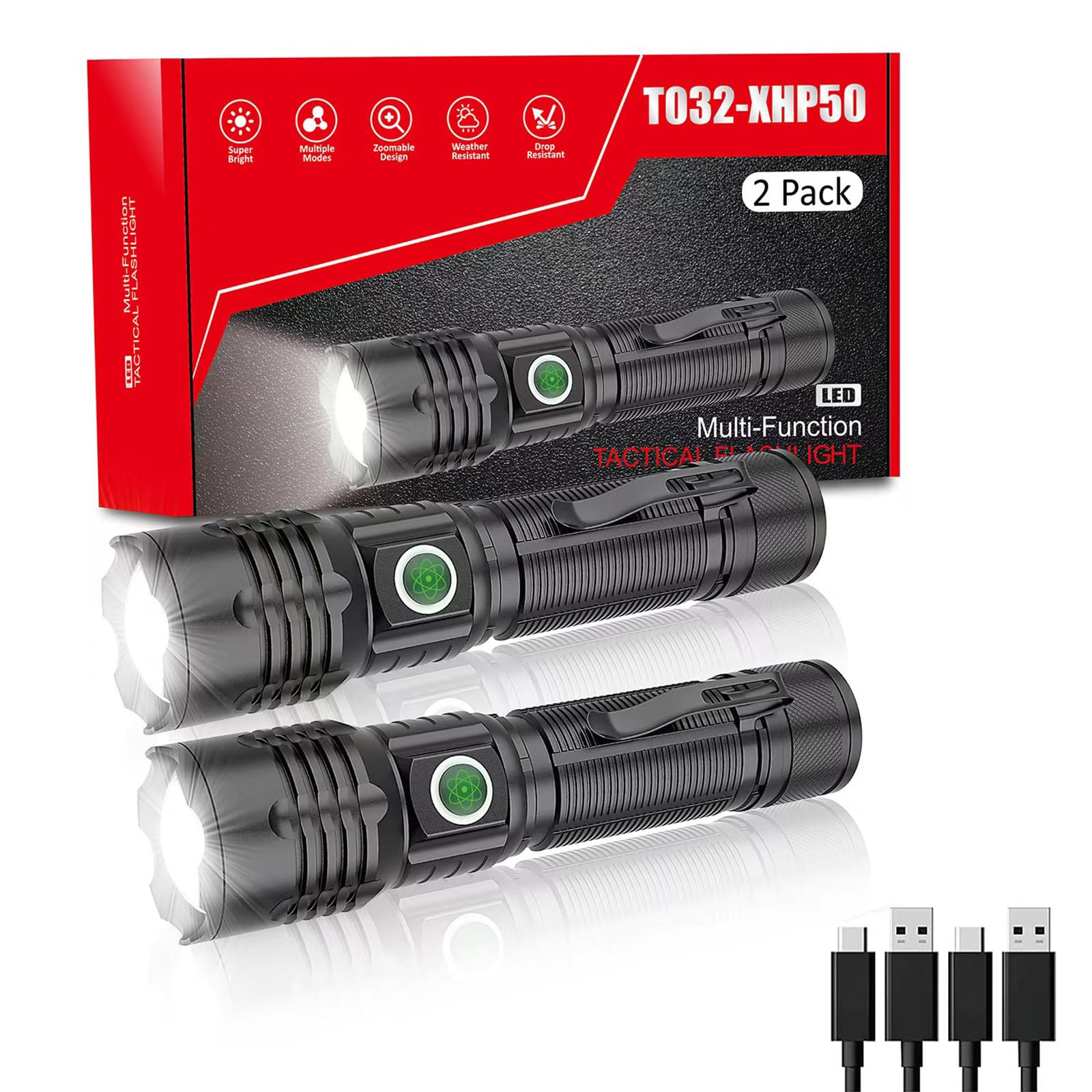 RFIUCH Rechargeable Flashlights High Lumens, 150000 Lumen Super Bright LED Flashlight with 5 Modes, LED Waterproof Handheld Flashlight for Emergencies(2 Pack)