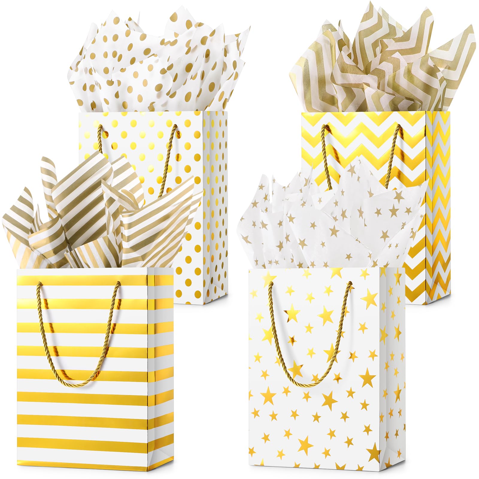 Tenceur 24 Pcs Valentine's Day Gift Bags with Tissue Paper Reusable Foil Gift Packaging with Handle for Wedding Birthday Mother's Day Baby Shower Party Favor 10 x 8 x 4.4 Inch(White and Gold)