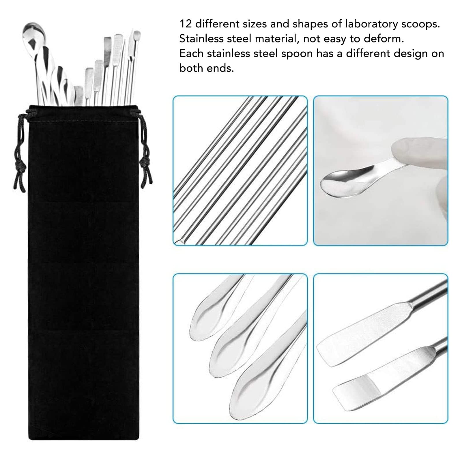 12pcs Stainless Steel Laboratory Spatula Micro Spatula Lab Sampling Scoop Long Sampling Spoon Assortment Kit