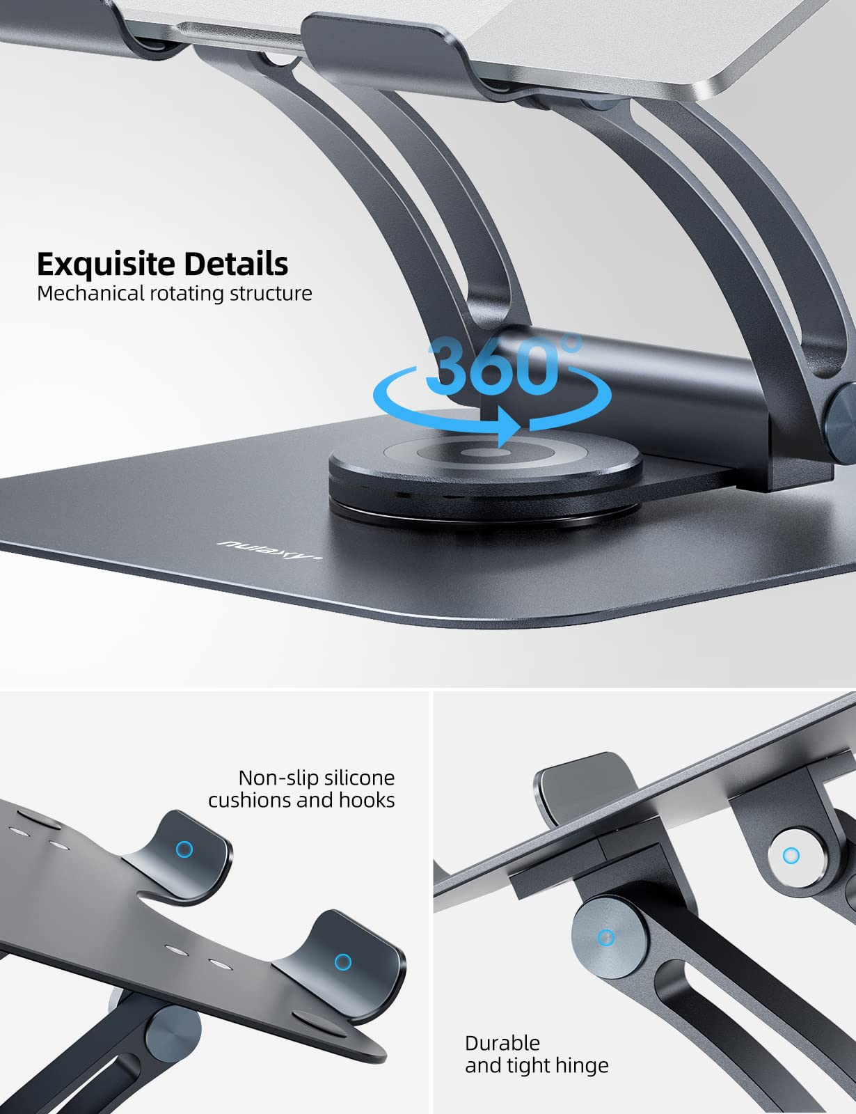 Nulaxy 360 Rotating Laptop Stand for Desk, Laptop Riser Adjustable Height and Angle, Foldable and Portable Travel Laptop Stand, Holds up to 22lbs, Fits All MacBook, Laptops