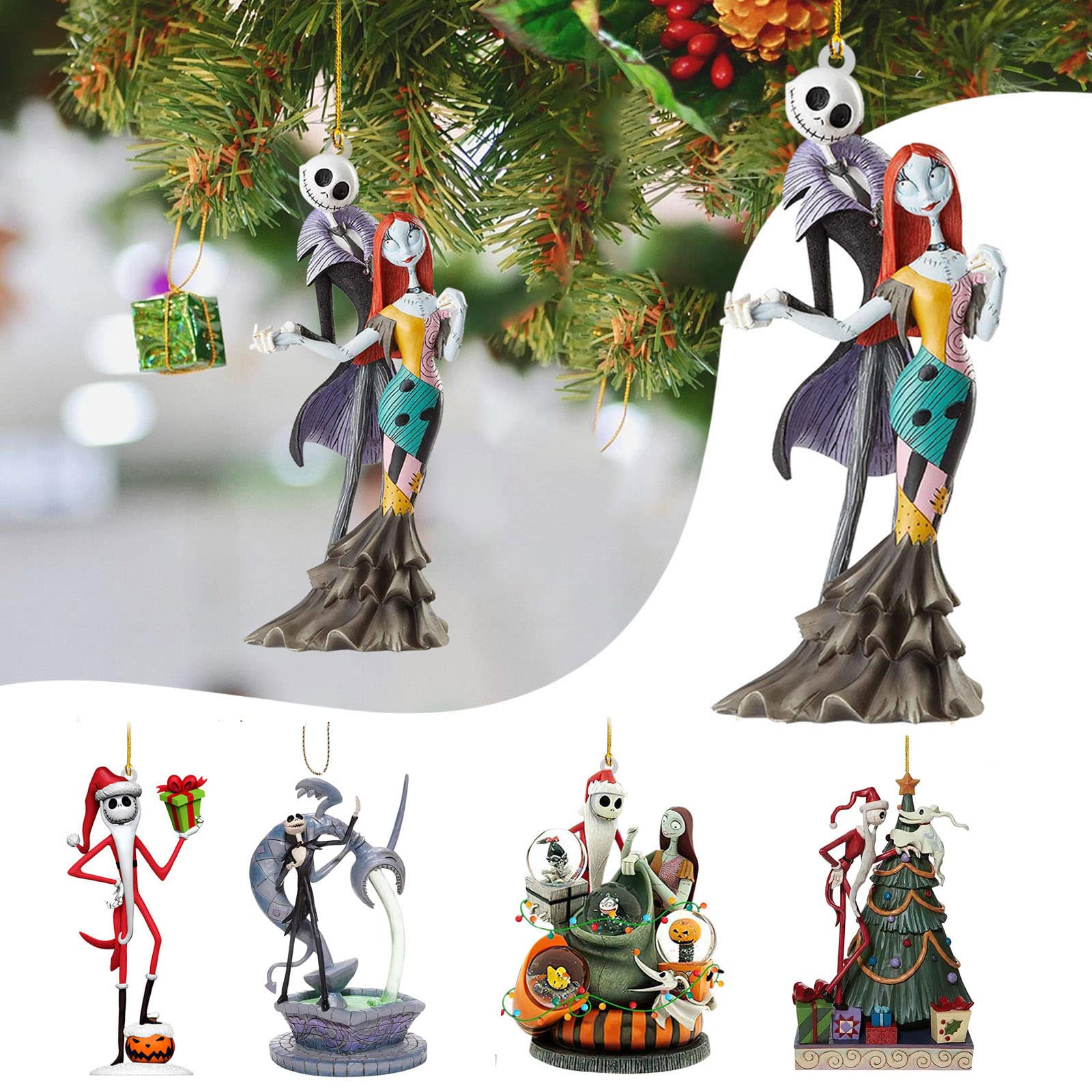 2023 Nightmare Halloween Christmas Tree Decorations, Cute Jack and Sally Christmas Pendants, Flat Christmas Ornaments Set for Xmas Tree and Car Interior (A)