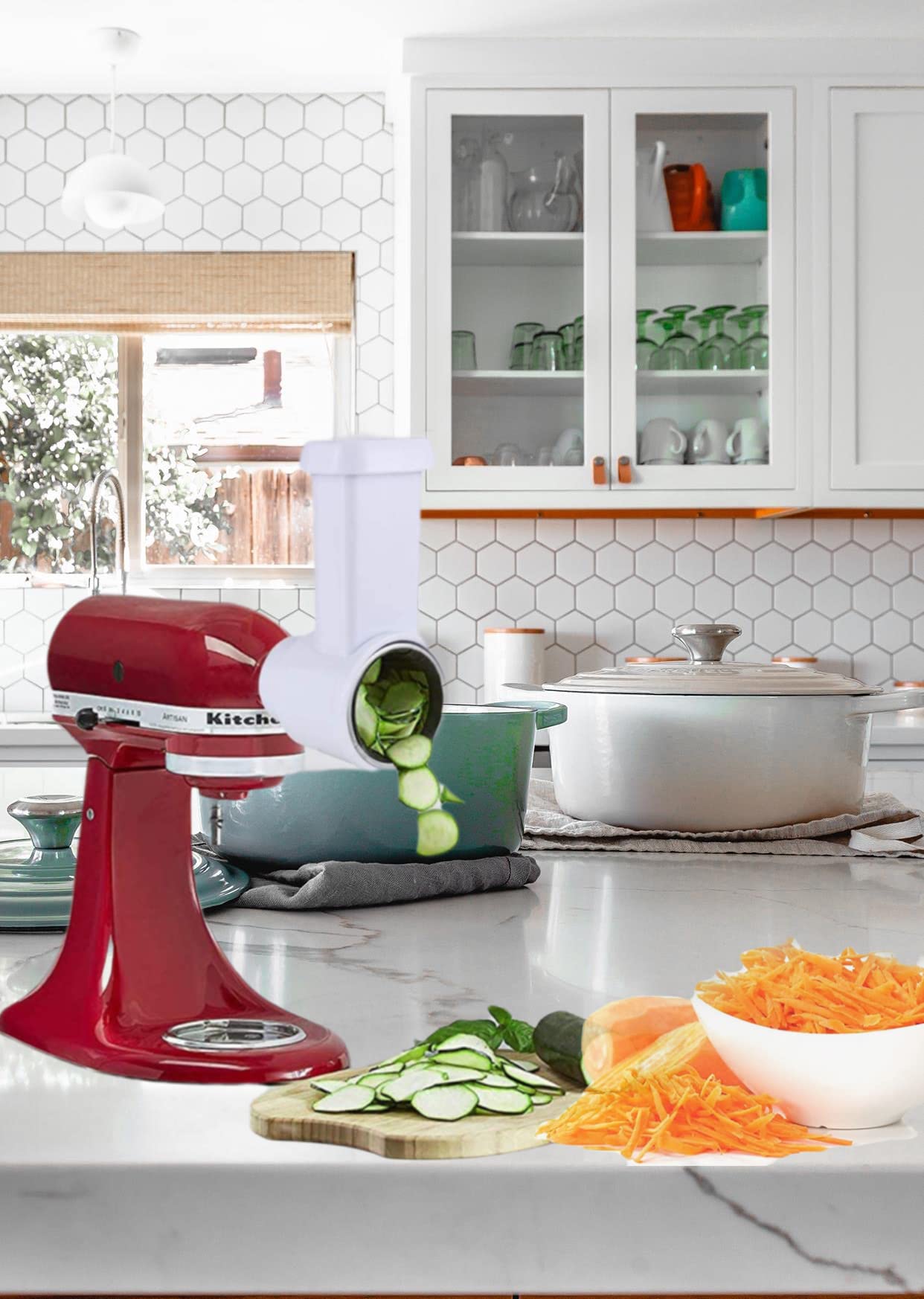 Food Slicer/Shredder Attachment for KitchenAid Stand Mixers - Quick Slice Vegetables/Cheese - 3 Stainless Steel Blades - Dishwasher Safe - Easy Chopping/Shredding
