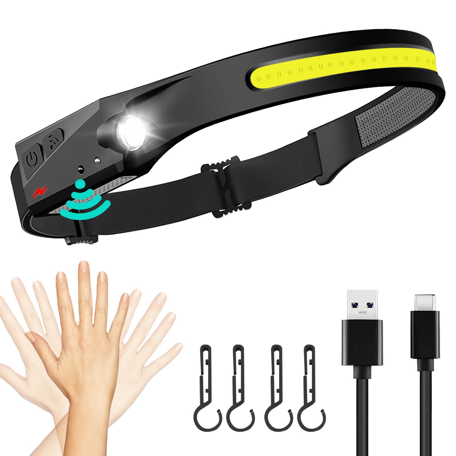 FBKK LED Headlamp Rechargeable, 230°Wide Beam Headlight with Motion Sensor, Waterproof Lightweight Head Lamp Flashlight for Camping, Hiking, Running, Outdoor for Adults and Kids