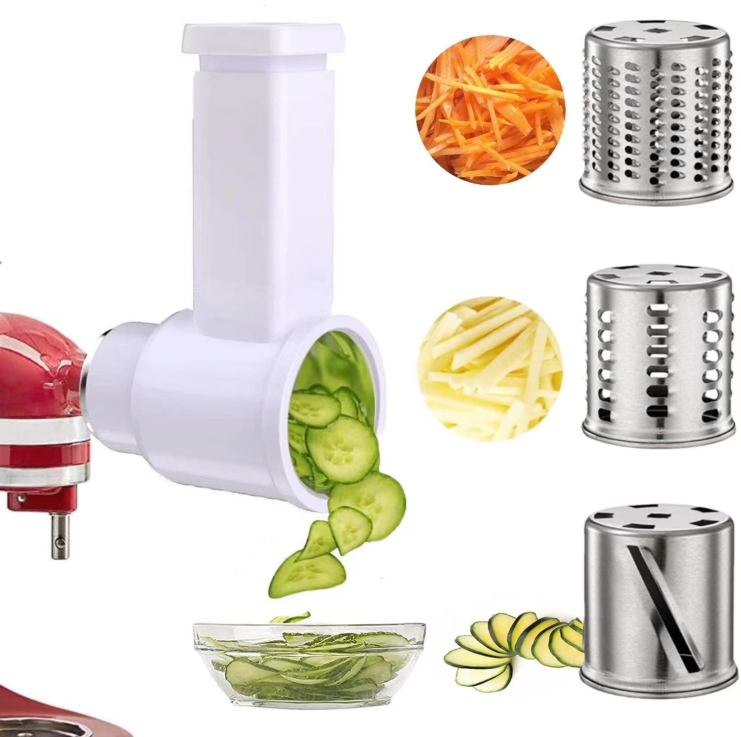Food Slicer/Shredder Attachment for KitchenAid Stand Mixers - Quick Slice Vegetables/Cheese - 3 Stainless Steel Blades - Dishwasher Safe - Easy Chopping/Shredding