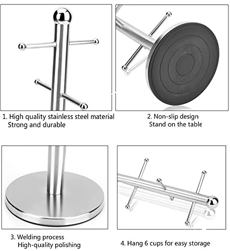 Stainless Steel Mug Drying Storage Rack Holder Mug Hooks,Multi-Functional Cup Dispaly Stand Tree Shape Coffee Cups Stand with 6 Hooks for Kitchen Home Decor