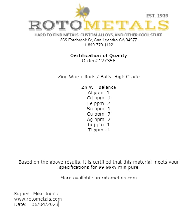 4pcs 99.99% High Purity Zinc Rod Zinc Metal Anode for School Scientific Experiment Research Diameter 1/4" Length 4" Made in USA RotoMetas