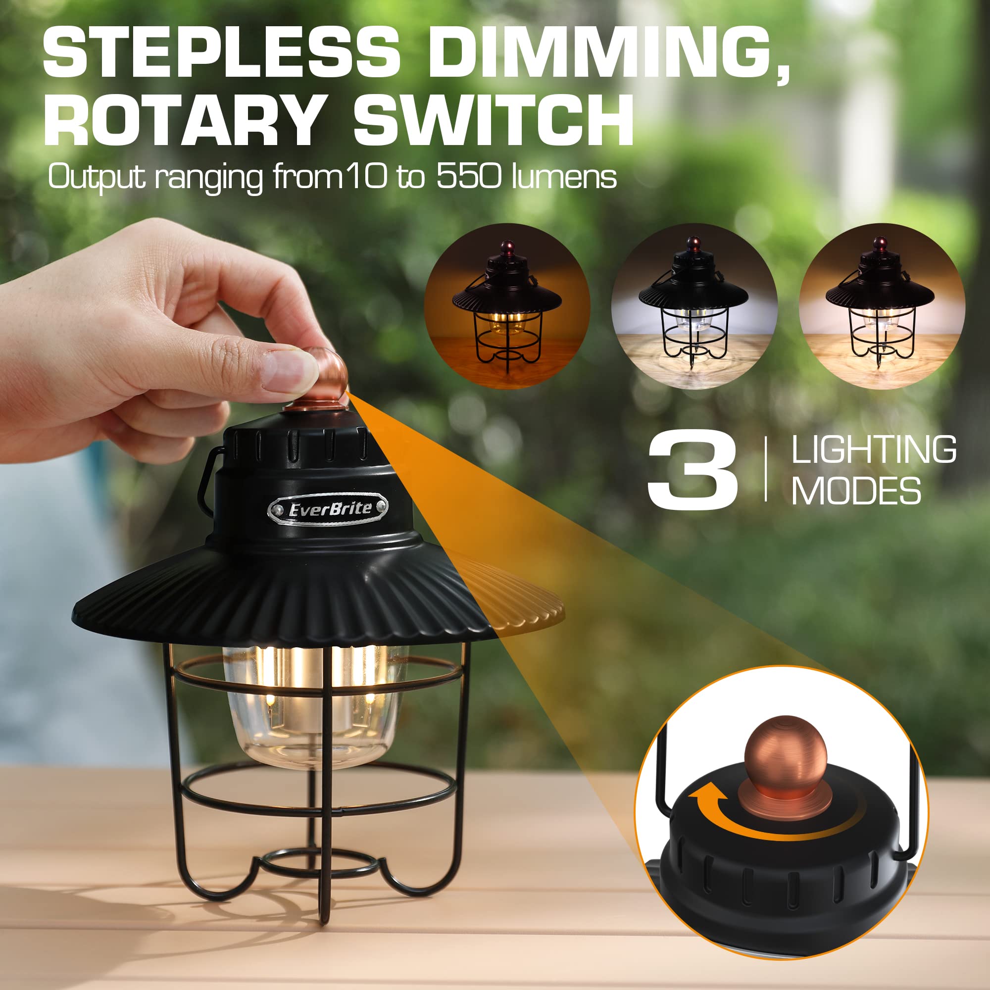 EverBrite LED Camping Lantern Pack of 2, USB C Rechargeable Lantern with 3 Light Modes, Vintage Outdoor Lanterns with Power Bank Function for Power Outages, Hurricane, Emergency, Fishing