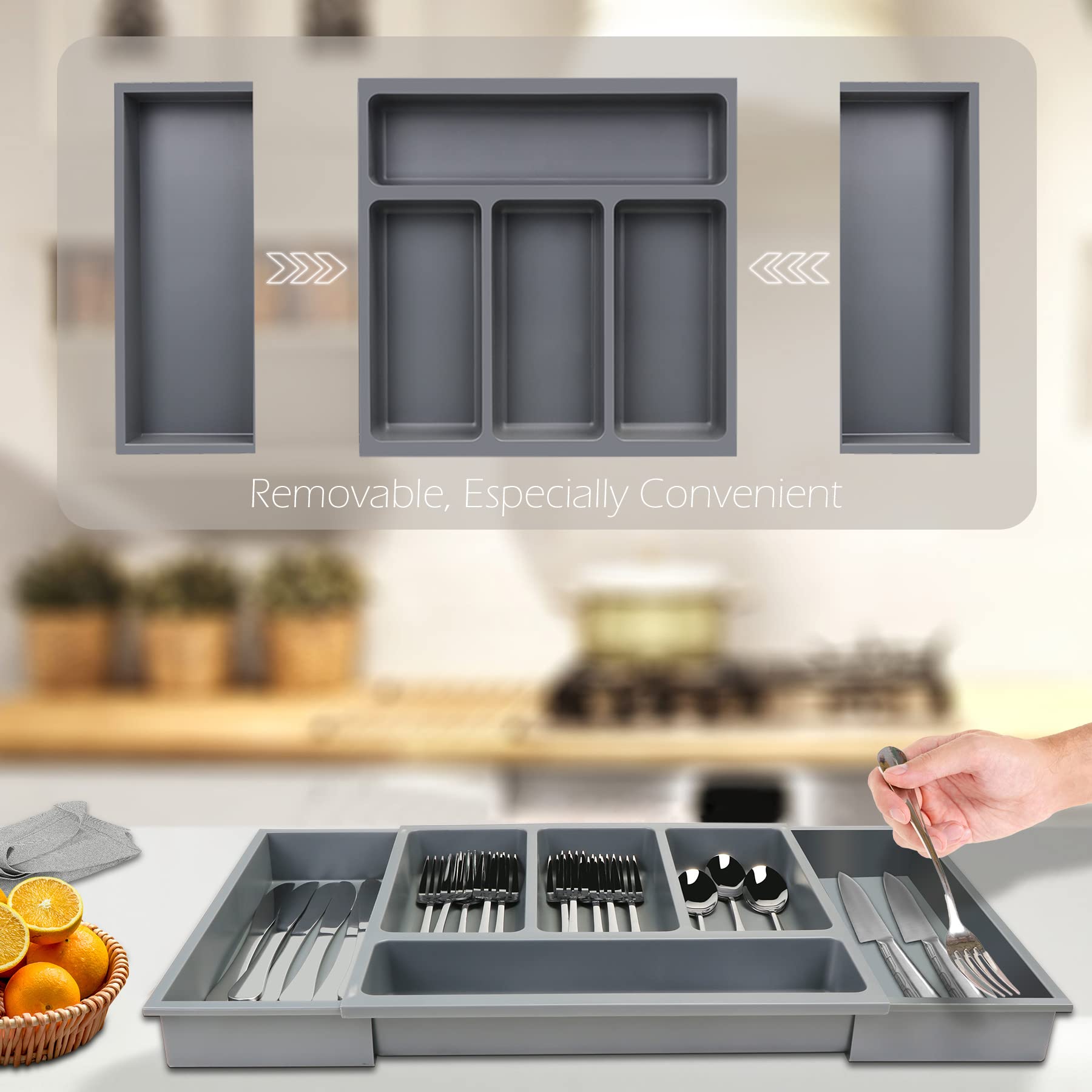 KAKUNM Adjustable Silverware Organizer | Cutlery Utensil Organizer Silverware Tray for Drawer Apartment Essentials, Convenient Flatware Kitchen Organization and Storage for Spoon Knife, Gray