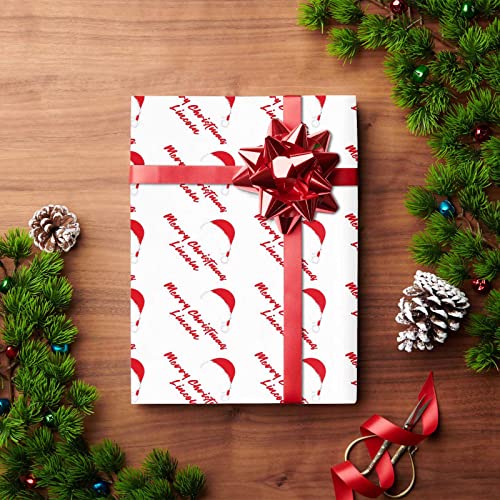 InterestPrint Personalized Name Wrapping Paper, Merry Christmas Hat White Custom Text Gift Wrapping Paper with Text for Teens Women Men Mom Dad Birthday Wedding Anniversary 58x23 5 Roll