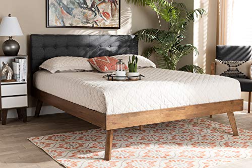 Wholesale Interiors Baxton Studio Devan Mid-Century Modern Dark Grey Fabric Upholstered Walnut Brown Finished Wood Full Size Platform Bed