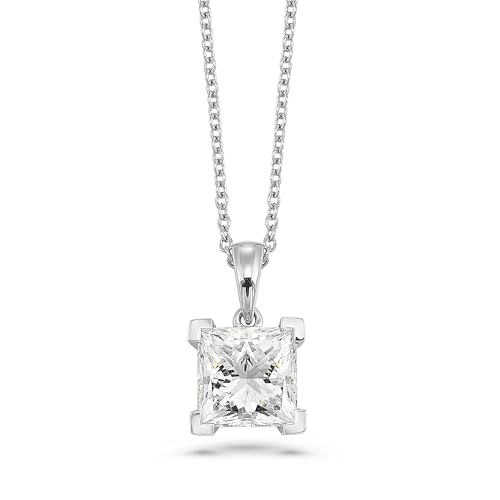 Carbon Atelier IGI Certified 1 Carat Princess Cut Lab Grown Diamond Square Solitaire Pendant Necklace for Women I 14k White Gold Necklace (G-H, VS1-VS2, cttw) I 18 Inch Long Chain with Lobster Claw