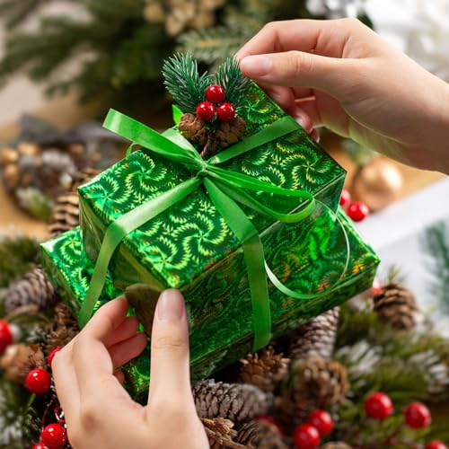 Flyhill Green Wrapping Paper-Mini Roll 17inch*32.8ft(46.8sqft-Holographic Foil Gift wrap with Sparkle Spiral Design for Christmas,Birthday,Wedding,Bride Shower,Party