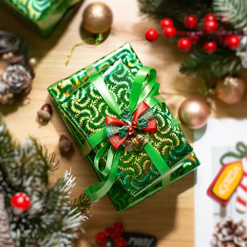 Flyhill Green Wrapping Paper-Mini Roll 17inch*32.8ft(46.8sqft-Holographic Foil Gift wrap with Sparkle Spiral Design for Christmas,Birthday,Wedding,Bride Shower,Party