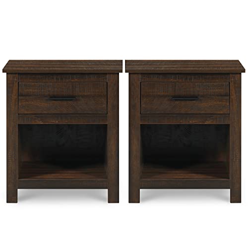 Vikiullf Farmhouse Nightstand-Wooden,Night Stand for bedroom,Bedside Table with 1 Drawer for Bedroom, Open Cabinet & Sliding Drawer, Espresso 1-Drawer (2 Pieces)