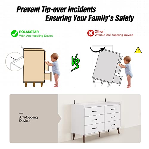 Rolanstar Drawer Dresser-Tool Free Quick Install, 6 Drawers Storage Dresser with Foldable Drawer Dividers, Modern Chest of Drawer, White(Tool Free Except Drawer Handle and Foot)