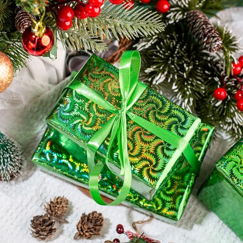 Flyhill Green Wrapping Paper-Mini Roll 17inch*32.8ft(46.8sqft-Holographic Foil Gift wrap with Sparkle Spiral Design for Christmas,Birthday,Wedding,Bride Shower,Party