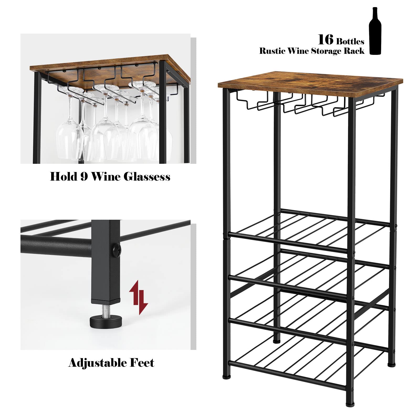 Wine Rack Freestanding Floor, Rustic Wine Holder Stand with Wine Storage and Bottle Shelf, 16 Bottles Floor Wine Rack Shelf for Kitchen Dining Room, Office, Bar, Rustic Brown