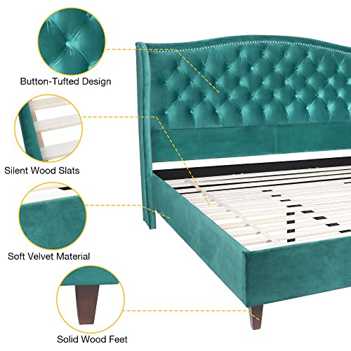 QHITTY Queen Size Bed Frame, Modern Velvet Button Tufted Upholstered Platform Bed with Nailhead Trim Headboard, Wood Slat Support, Easy Assembly, No Box Spring Needed