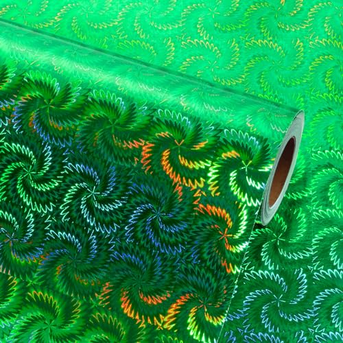Flyhill Green Wrapping Paper-Mini Roll 17inch*32.8ft(46.8sqft-Holographic Foil Gift wrap with Sparkle Spiral Design for Christmas,Birthday,Wedding,Bride Shower,Party