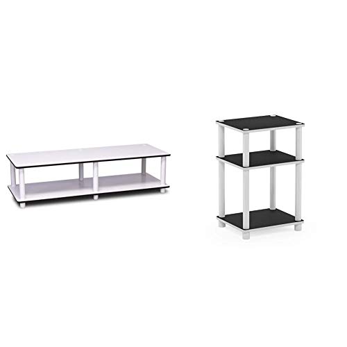 Furinno Just No Tools Wide TV Stand, White & Just 3-Tier Turn-N-Tube End Table/Side Table/Night Stand/Bedside Table with Plastic Poles, 1-Pack, White/White