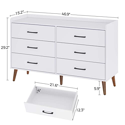 Rolanstar Drawer Dresser-Tool Free Quick Install, 6 Drawers Storage Dresser with Foldable Drawer Dividers, Modern Chest of Drawer, White(Tool Free Except Drawer Handle and Foot)