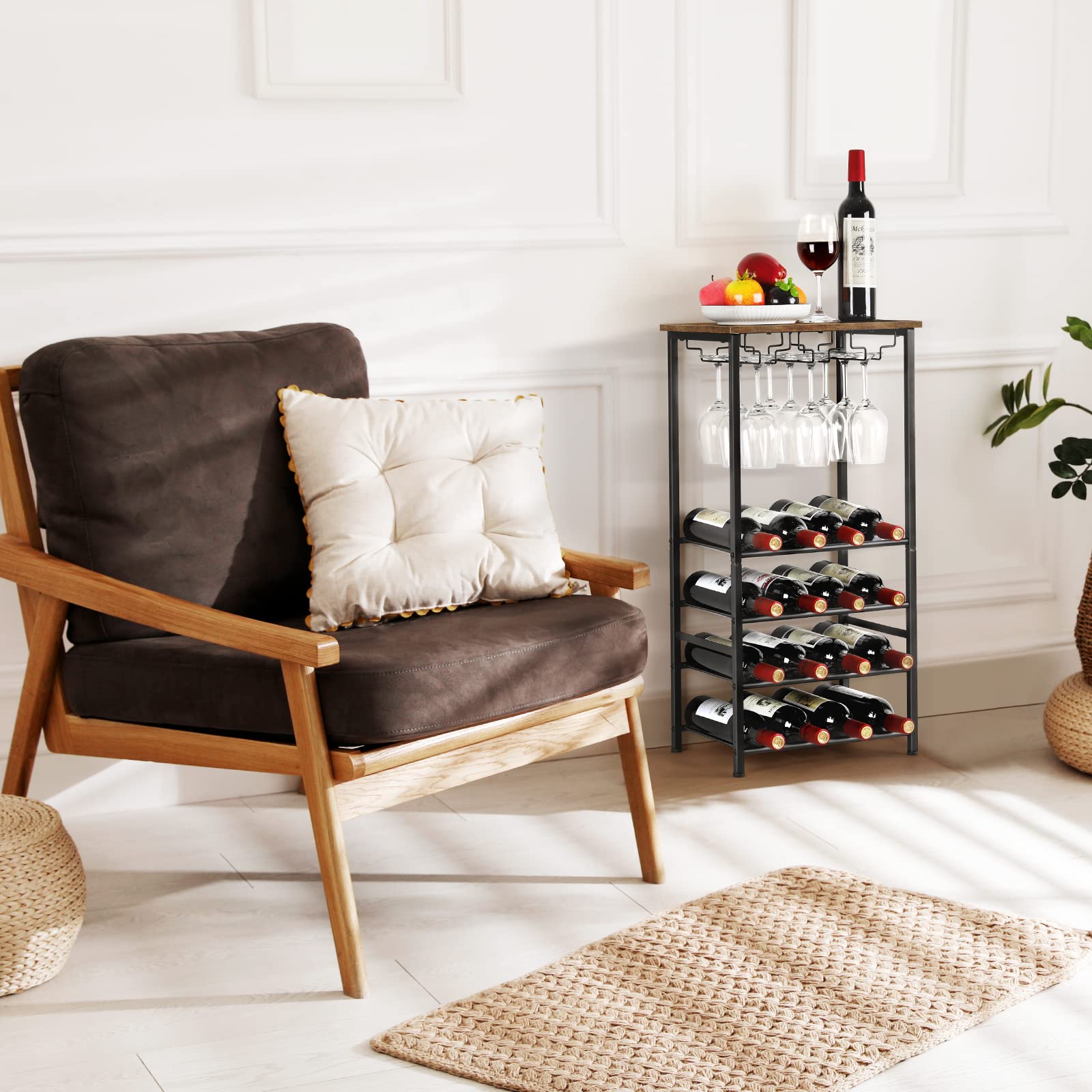 Wine Rack Freestanding Floor, Rustic Wine Holder Stand with Wine Storage and Bottle Shelf, 16 Bottles Floor Wine Rack Shelf for Kitchen Dining Room, Office, Bar, Rustic Brown