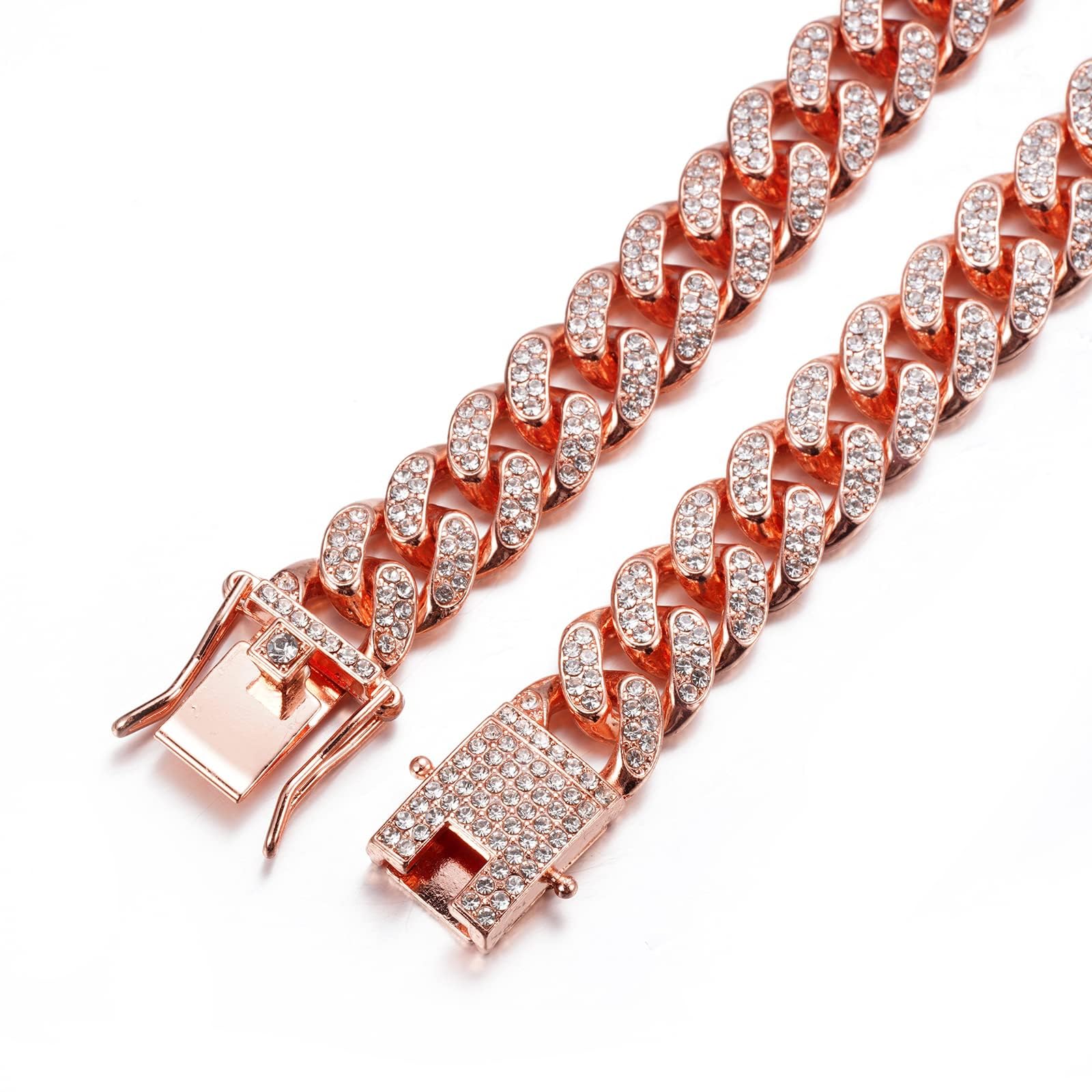 Halukakah Gold Chain for Men Iced Out,14MM Rose Gold Plated Diamond Cuban Link Chain Necklace 18",Lab Dimaonds Prong Set,Gift for Him