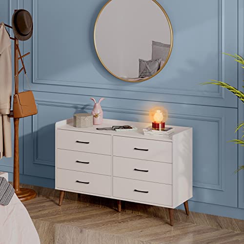 Rolanstar Drawer Dresser-Tool Free Quick Install, 6 Drawers Storage Dresser with Foldable Drawer Dividers, Modern Chest of Drawer, White(Tool Free Except Drawer Handle and Foot)